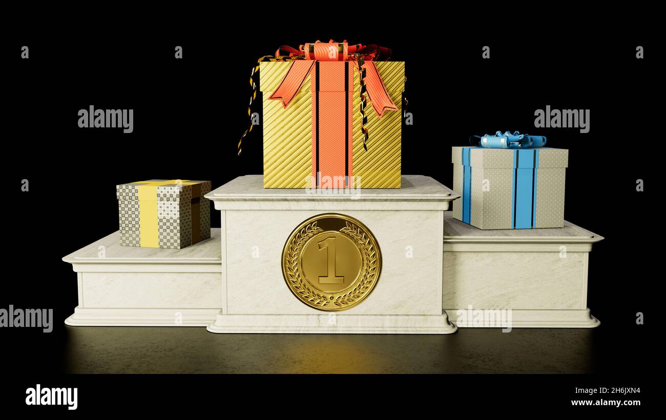 winners pedestal with present boxes - big prize concept, isolated ...