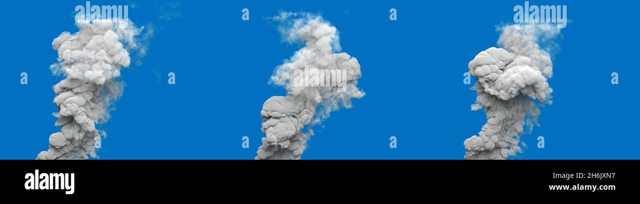 3 grey toxic smoke columns from volcano on blue, isolated - industrial ...