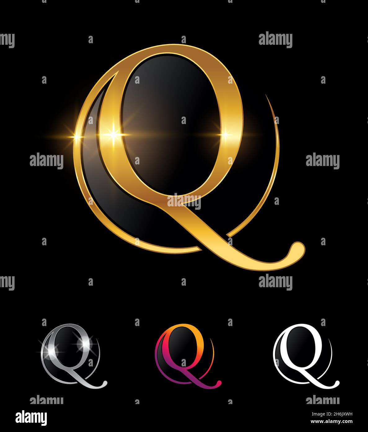 A Vector Illustration set of Golden Circle Letter Q in black background ...