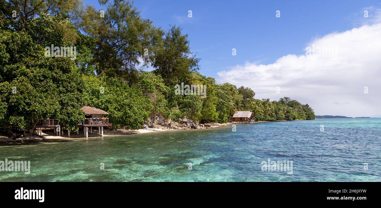 Idyllic tropical resort on calm lagoon waters near Gizo in the Solomon ...