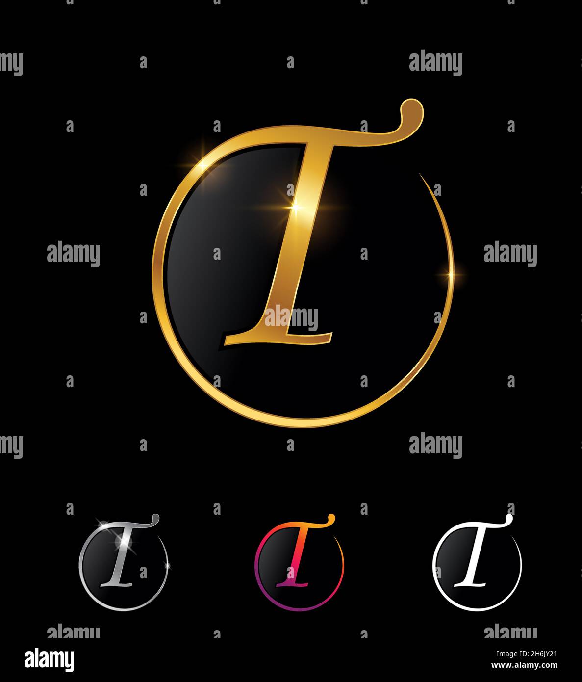 A vector Illustration set of Golden Circle Letter T in black background ...
