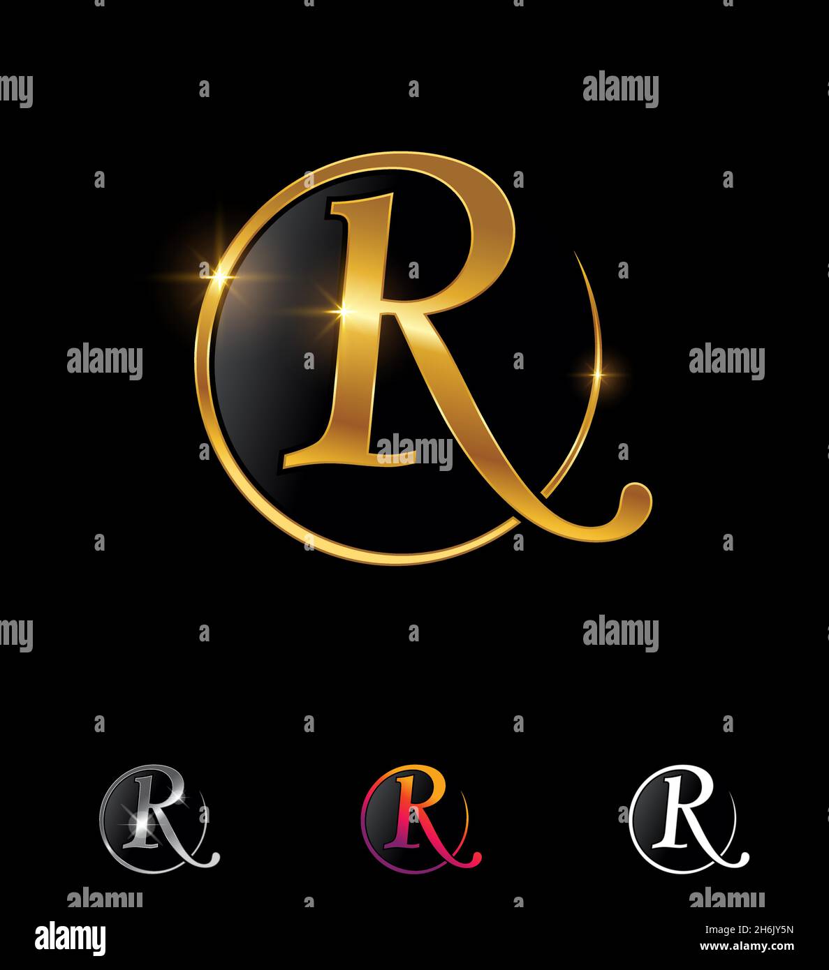 A Vector Illustration set of Golden Circle Letter R in black background ...