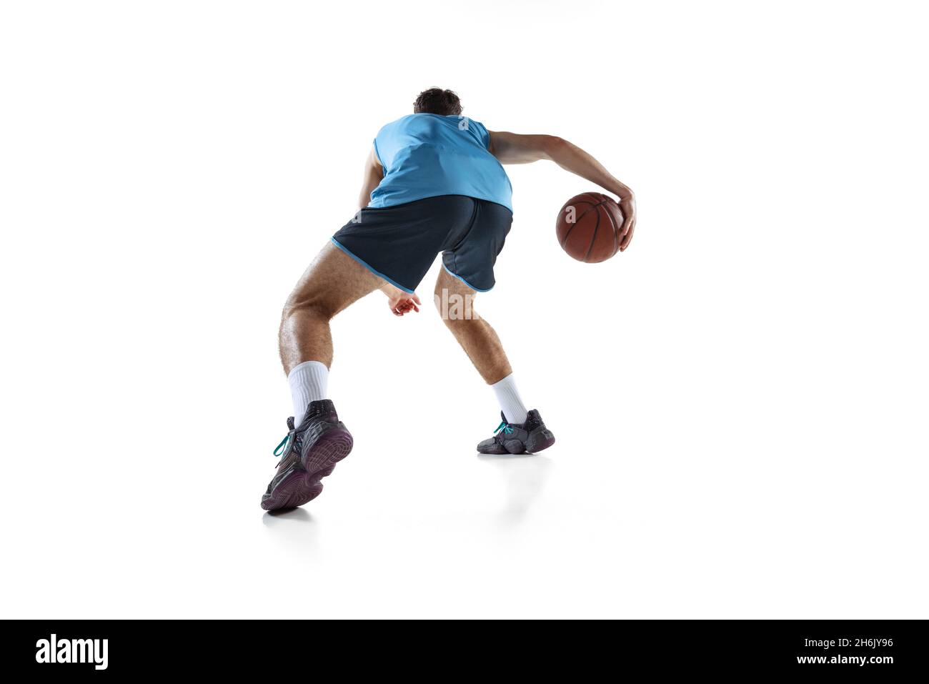 Back view of professional basketball player in blue sports uniform ...