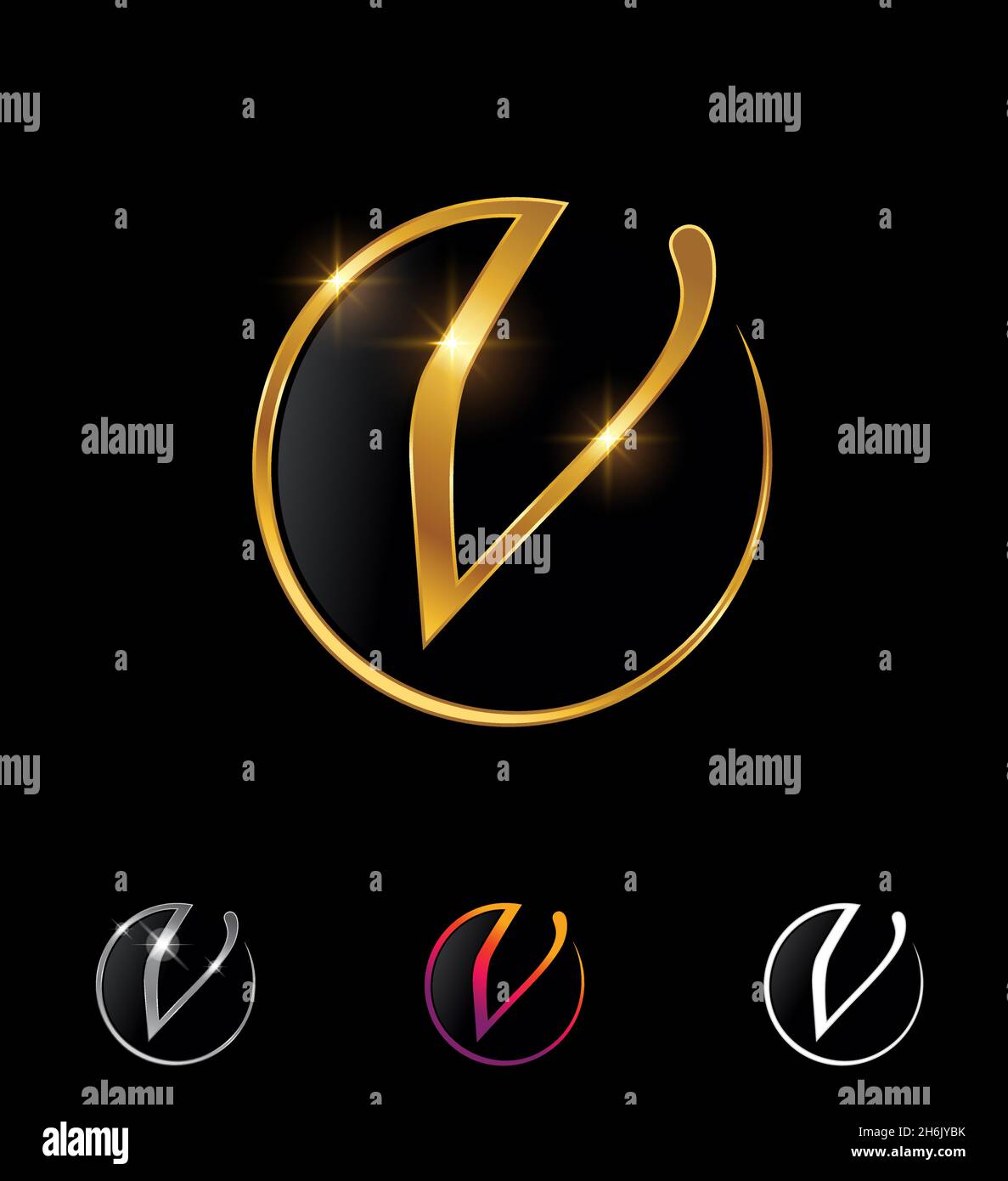 A Vector Illustration set of Golden Circle Letter V in black background ...