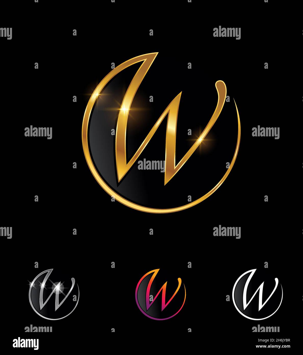 A Vector Illustration set of Golden Circle Letter W in black background ...