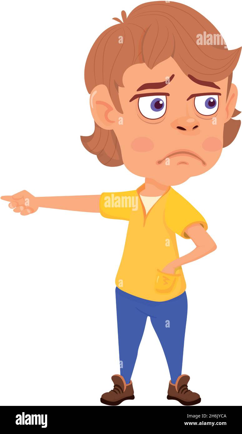 Sad boy points at left direction. Cartoon character Stock Vector Image ...