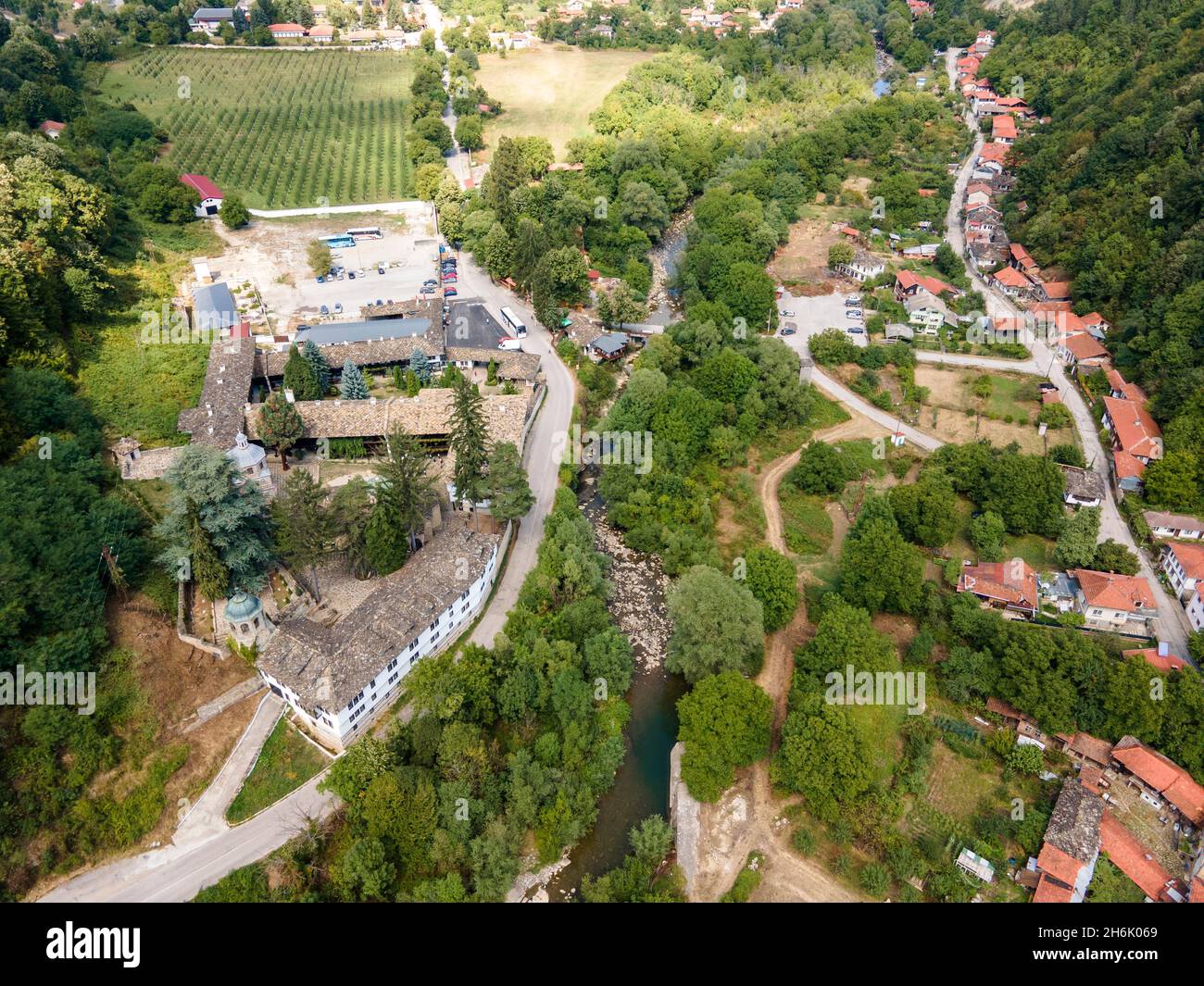 Aerial view of Medieval Troyan Monastery of Assumption, Lovech region ...