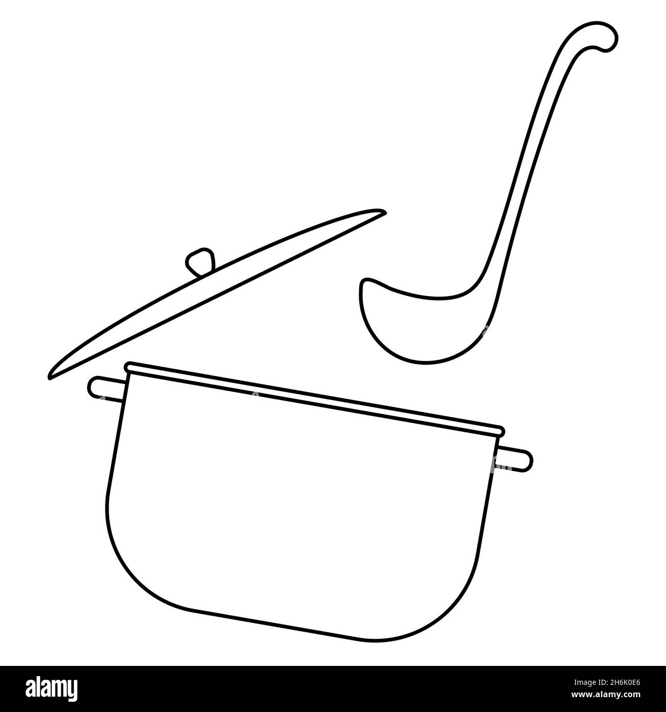 Kitchen tools set of saucepan and soup ladle outline simple ...