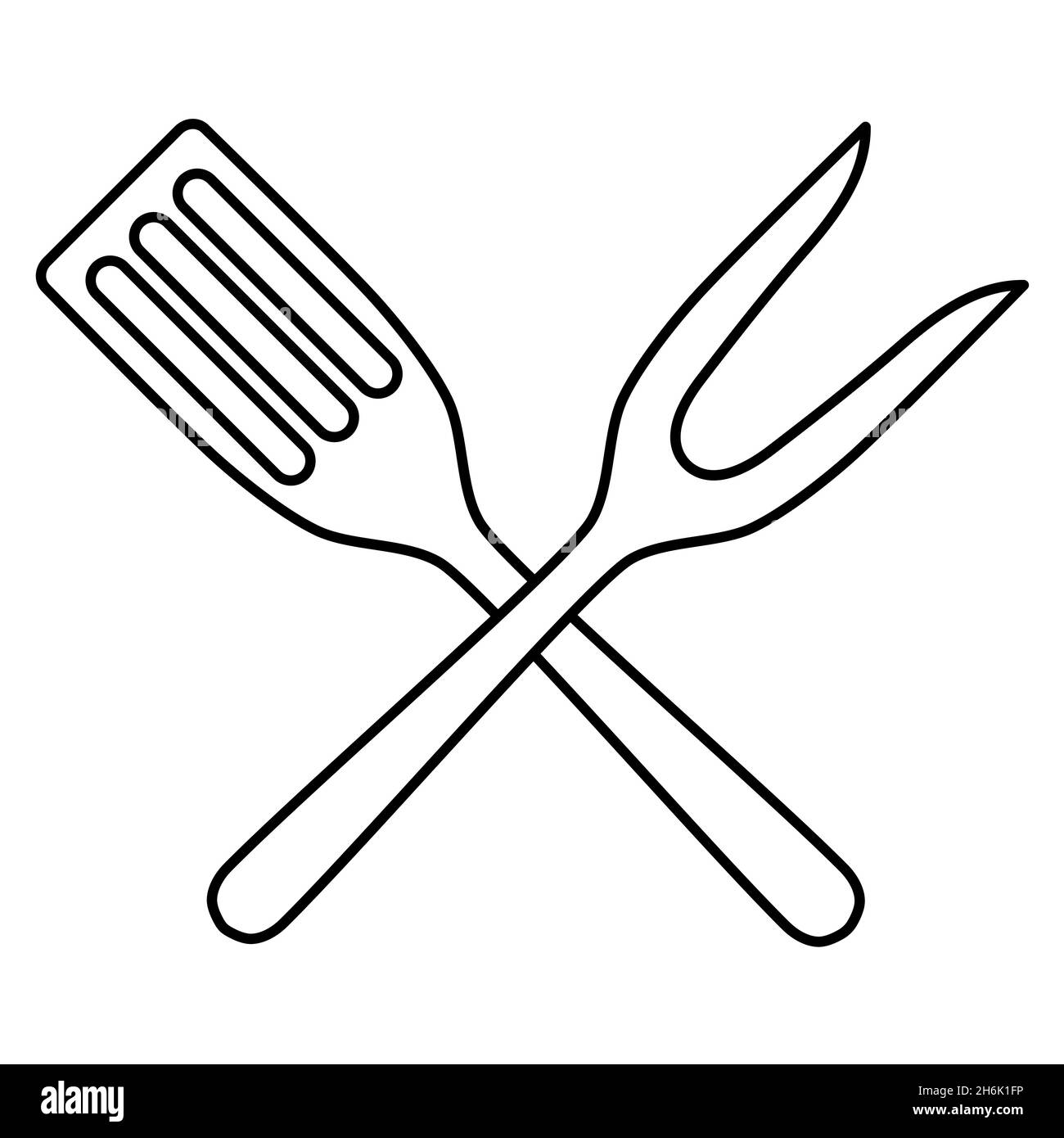 Kitchen tools cutlery set of teflon spatula and fork crossed outline ...