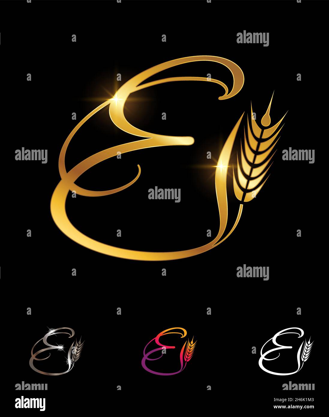 Golden Wheat and Grain Monogram Letter E with Golden Shine effect in ...