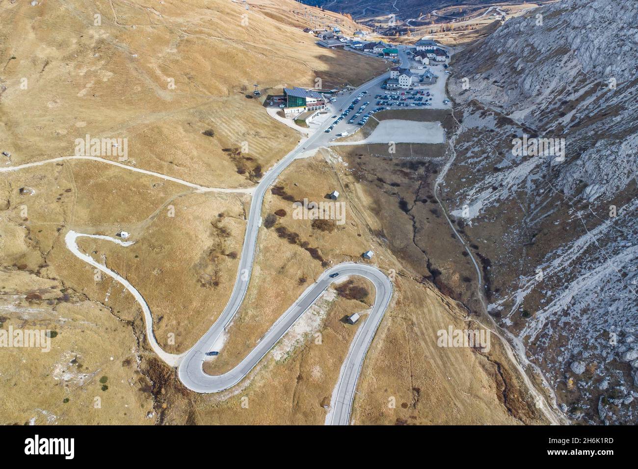 The scenic mountain pass road Passo Pordoi in the italian Dolomites ...