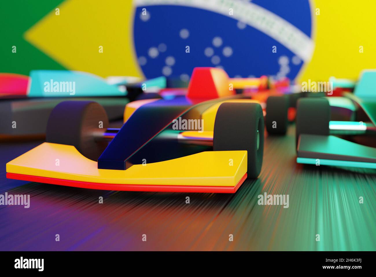 3d illustration close-up of racing cars at the start of an auto race ...
