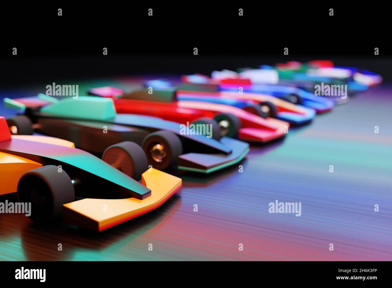 3d illustration various racing cars stand at the start on the track ...