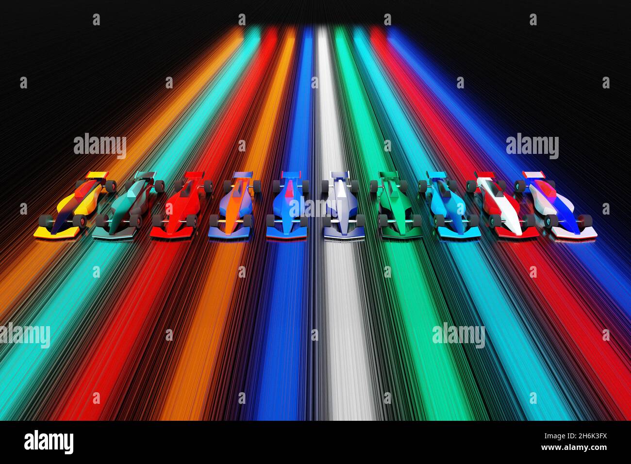 3d illustration various racing cars are racing along the racing track ...
