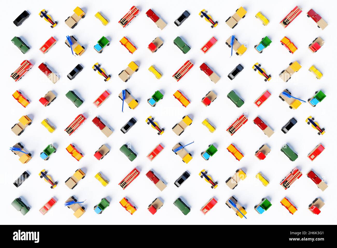 3d illustration of colorful models of children's cars of various types ...