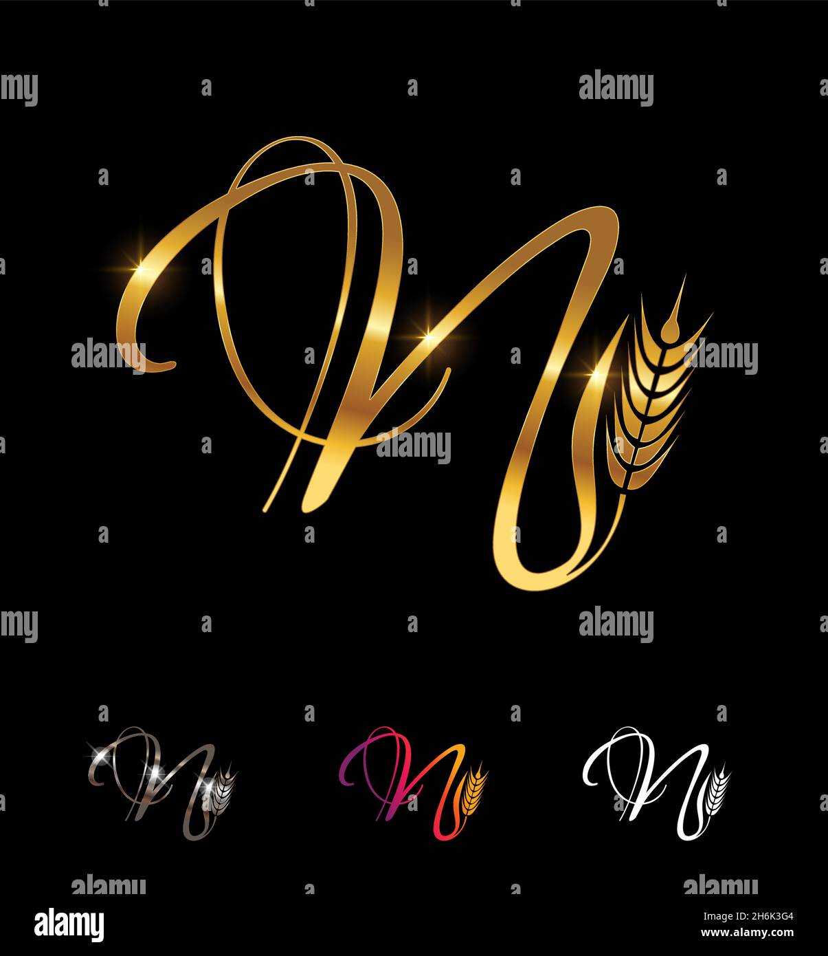 A Vector Illustration set of Golden Wheat and Grain Monogram Initial ...
