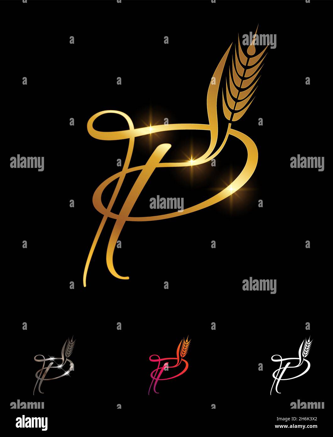 A Vector Illustration set of Golden Wheat and Grain Monogram Initial ...
