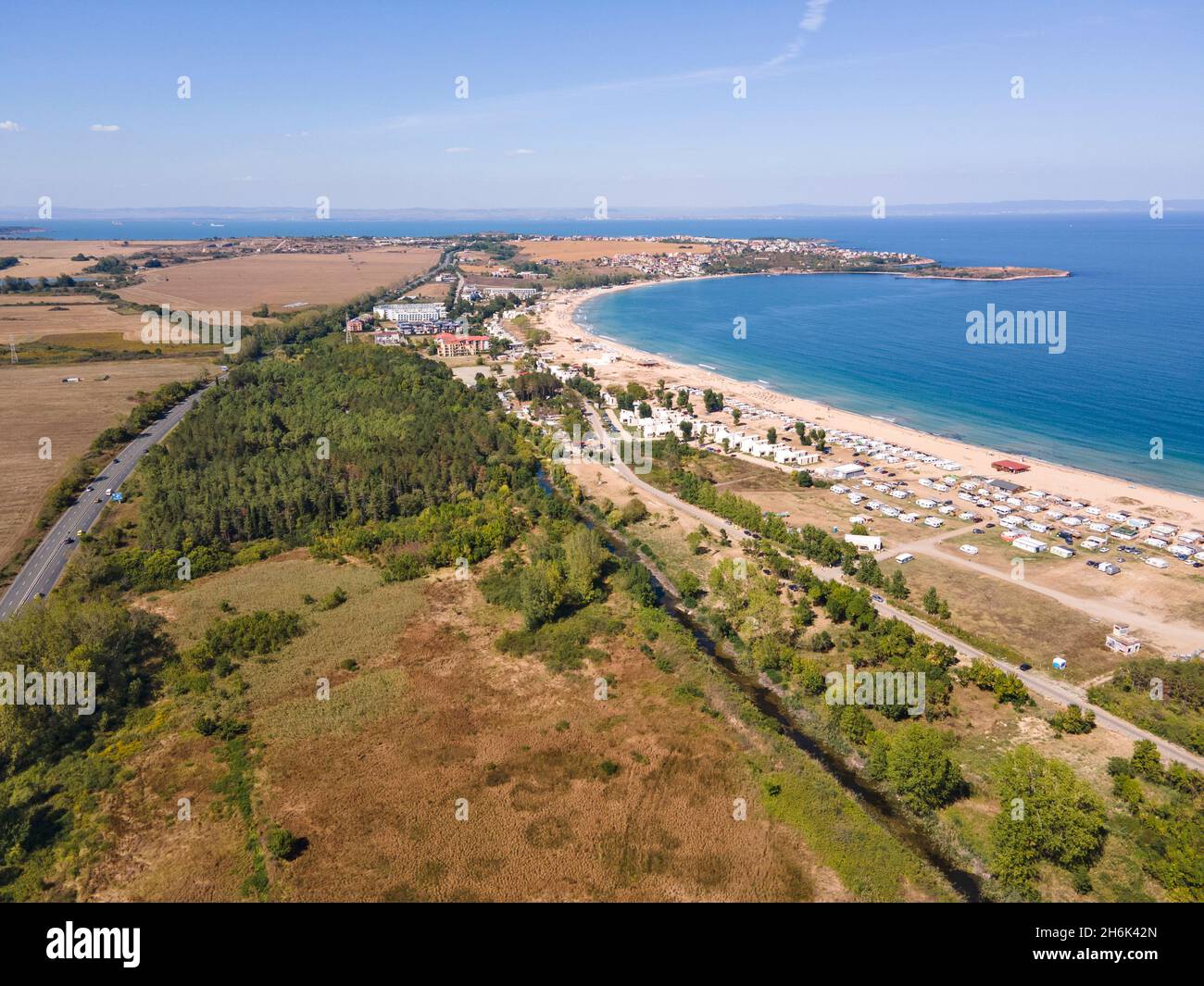 Aerial view of Gradina (Garden) Beach near town of Sozopol, Burgas ...
