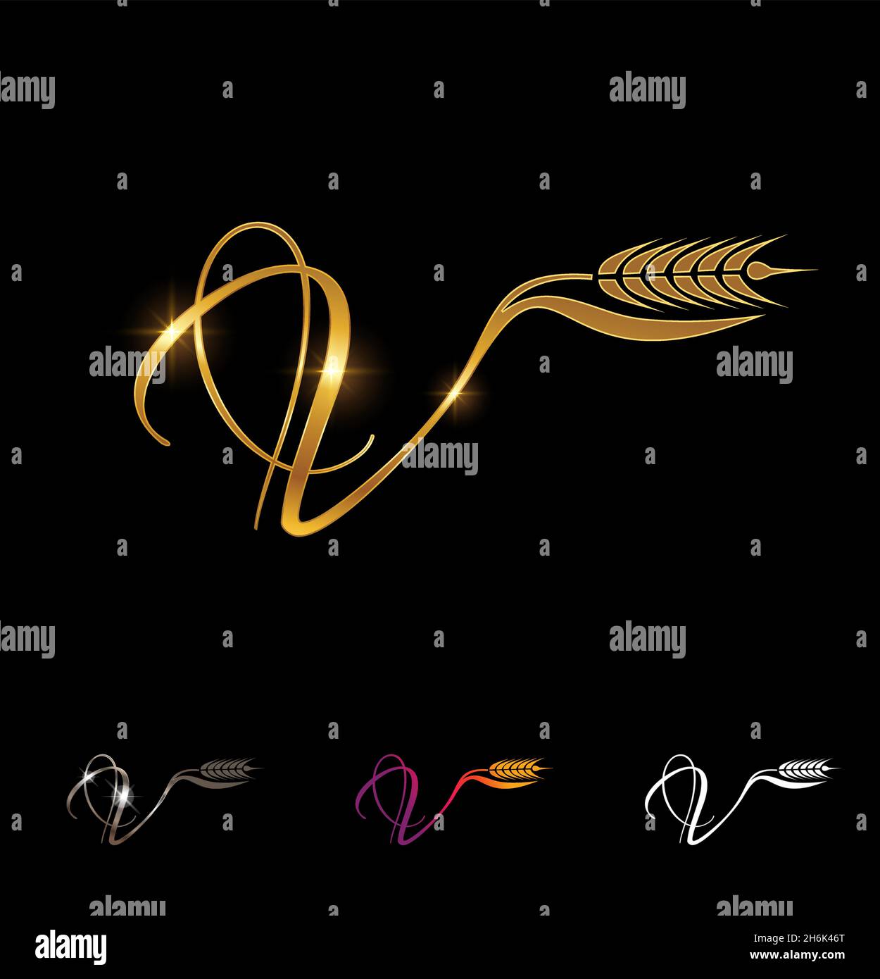 A vector illustration set of Golden Wheat and Grain Monogram Initial ...