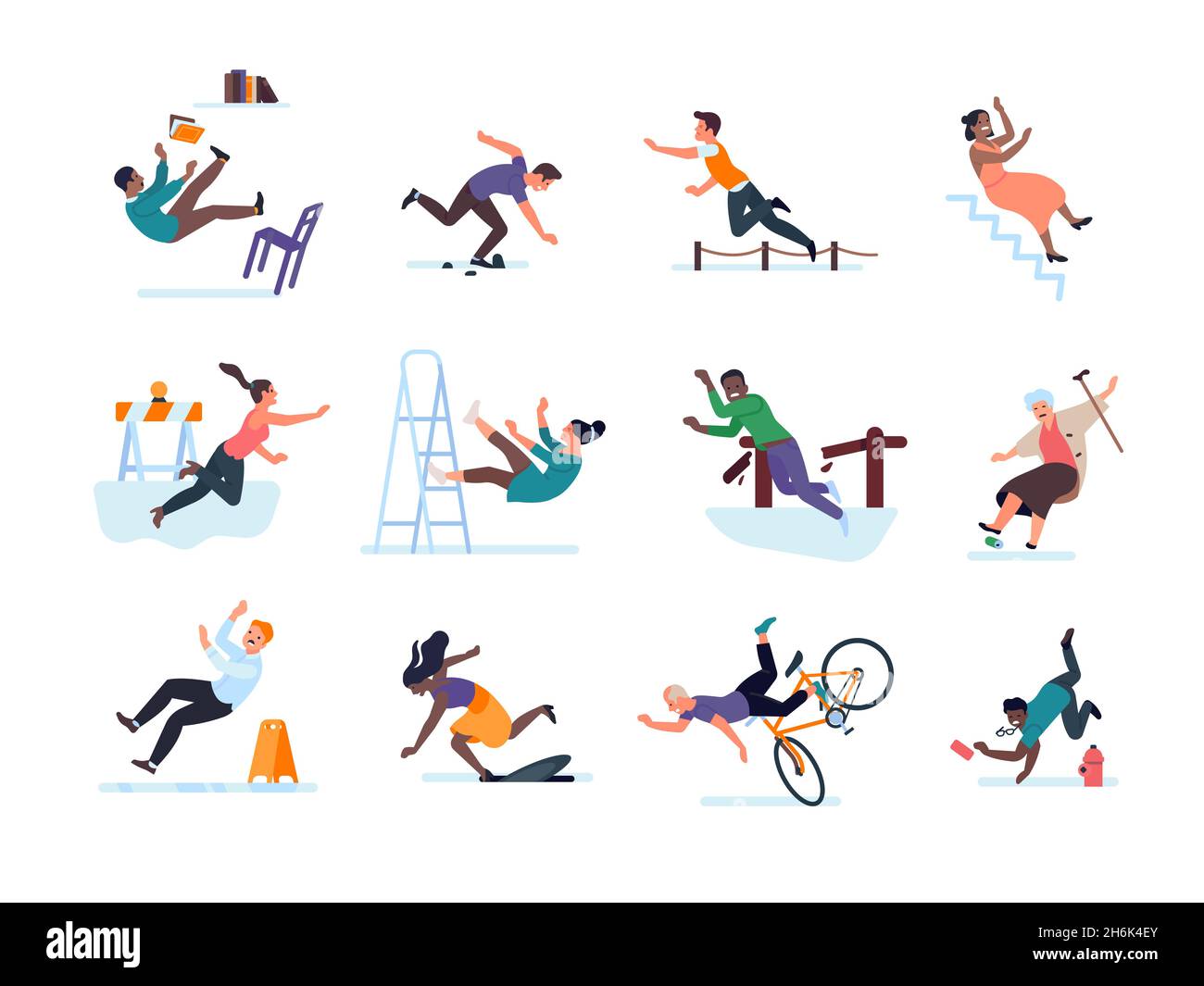 Accidently falling people. Vector set of obstacles on way, emergency ...