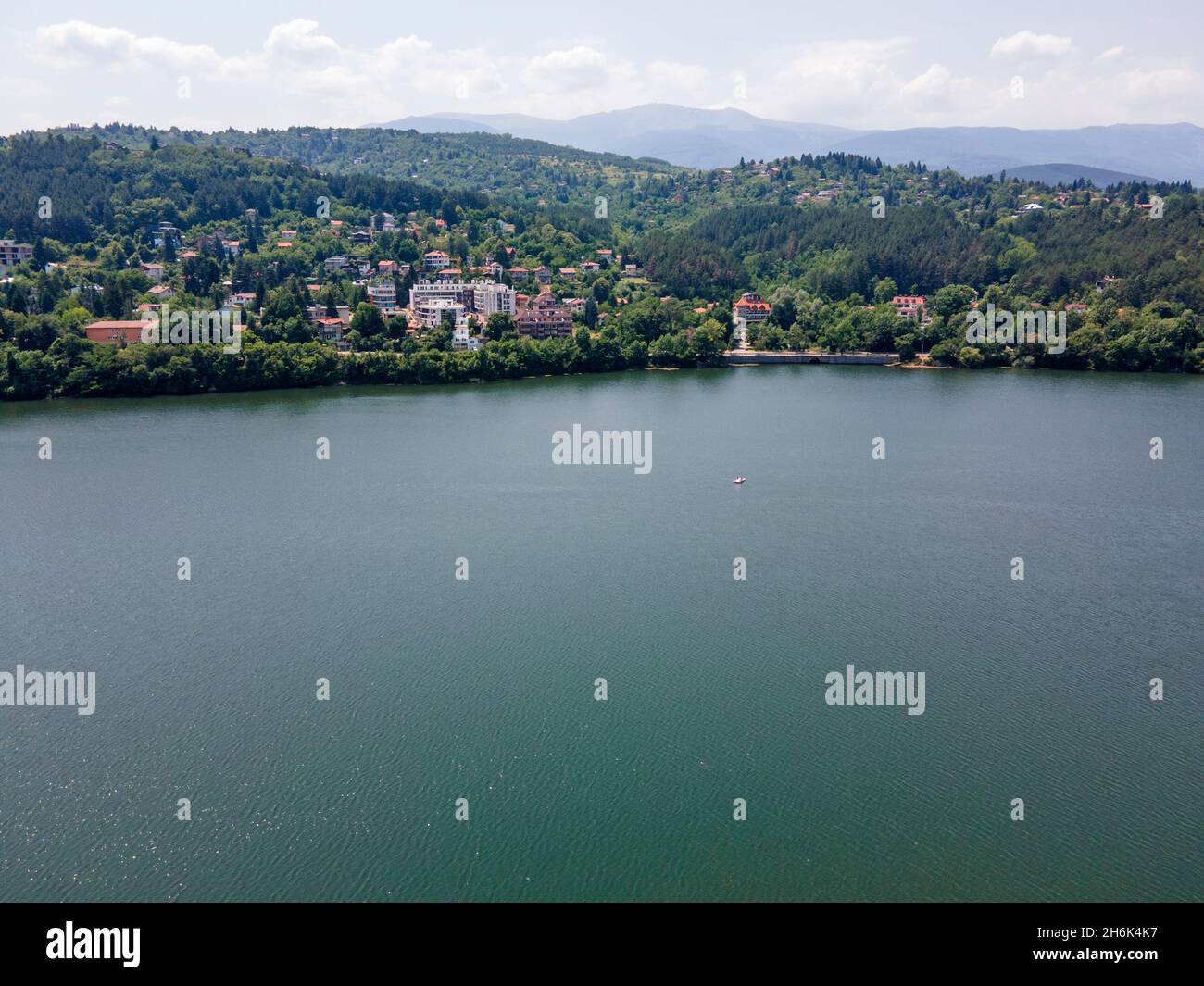 Aerial summer view of Pancharevo lake, Sofia city Region, Bulgaria ...