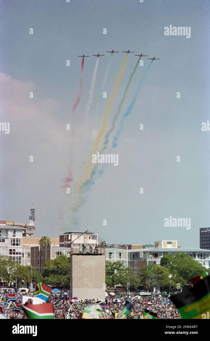 A display with coloured smoke by the Silver Falcons, aerobatic team of ...