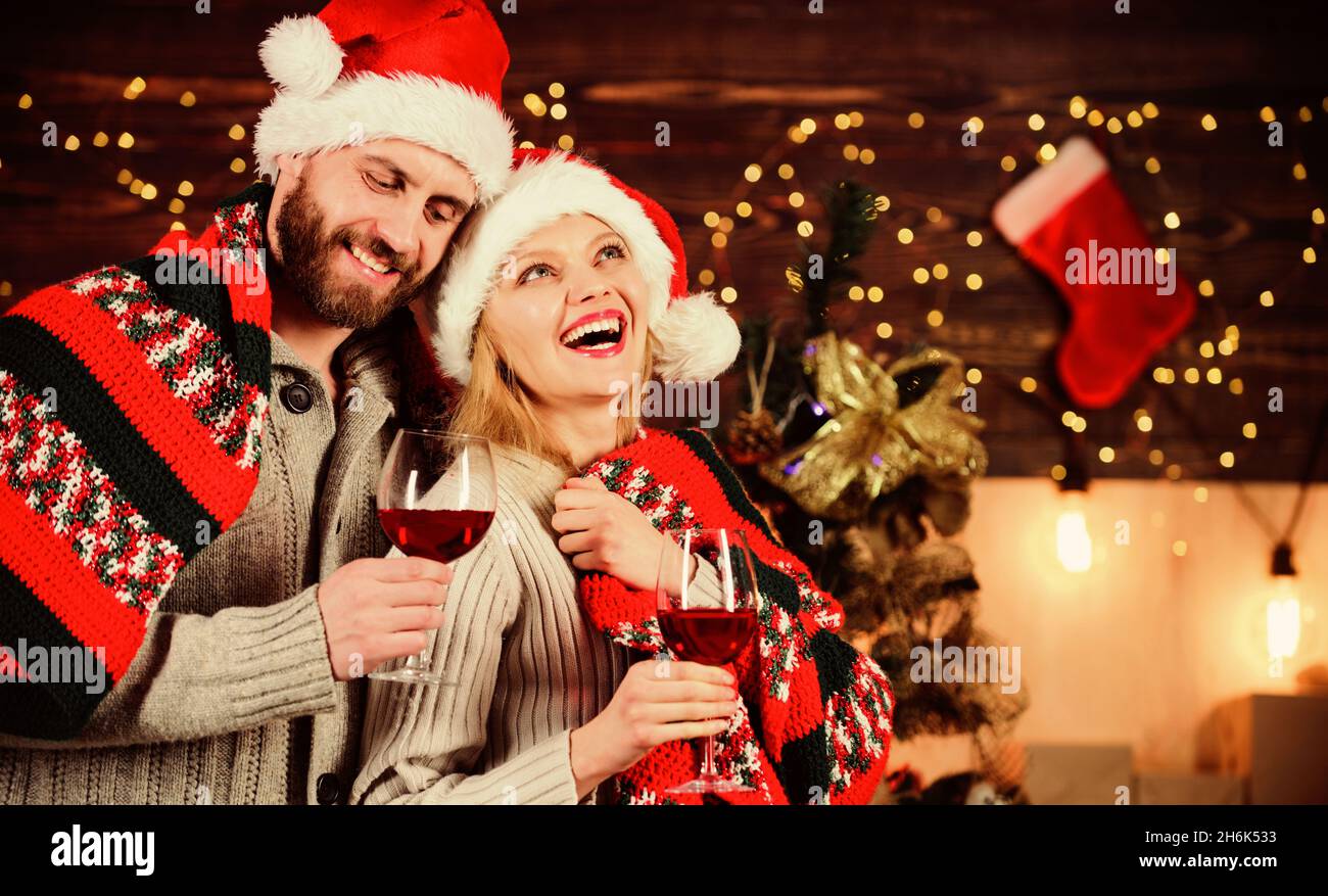 we are family. woman and man love xmas. merry christmas. Family drink ...
