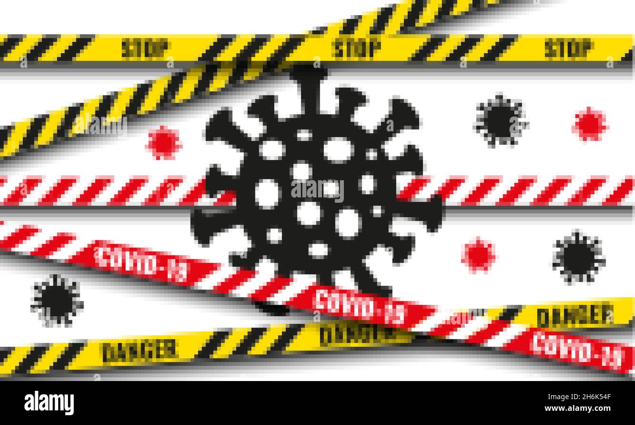 Yellow and black danger cross lines ribbons with Covid-19 Sign. Caution ...