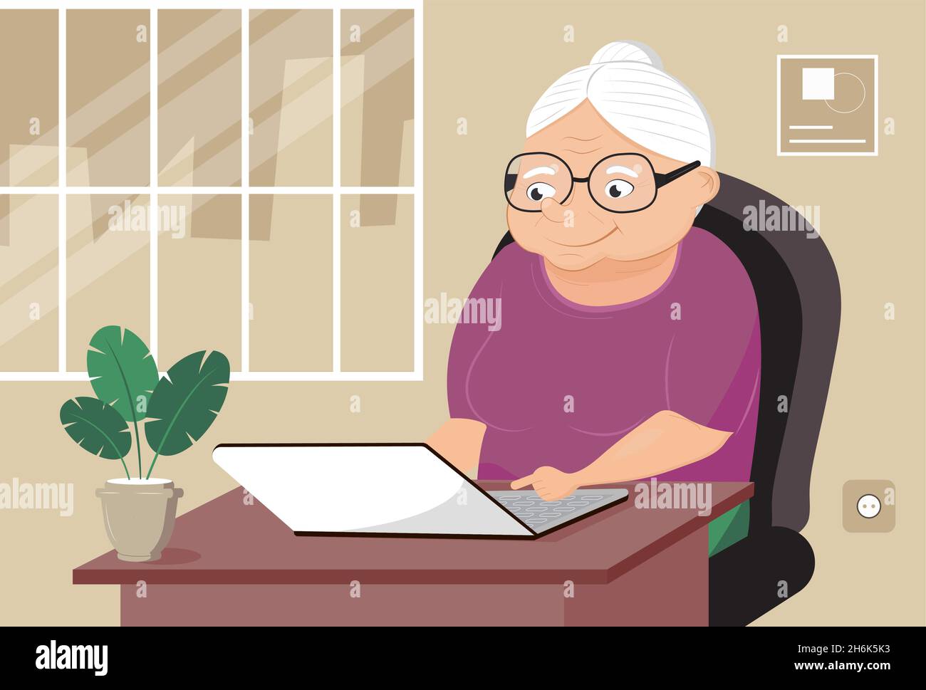 Grandma with laptop vector. Cute cartoon senior woman is surfing in ...