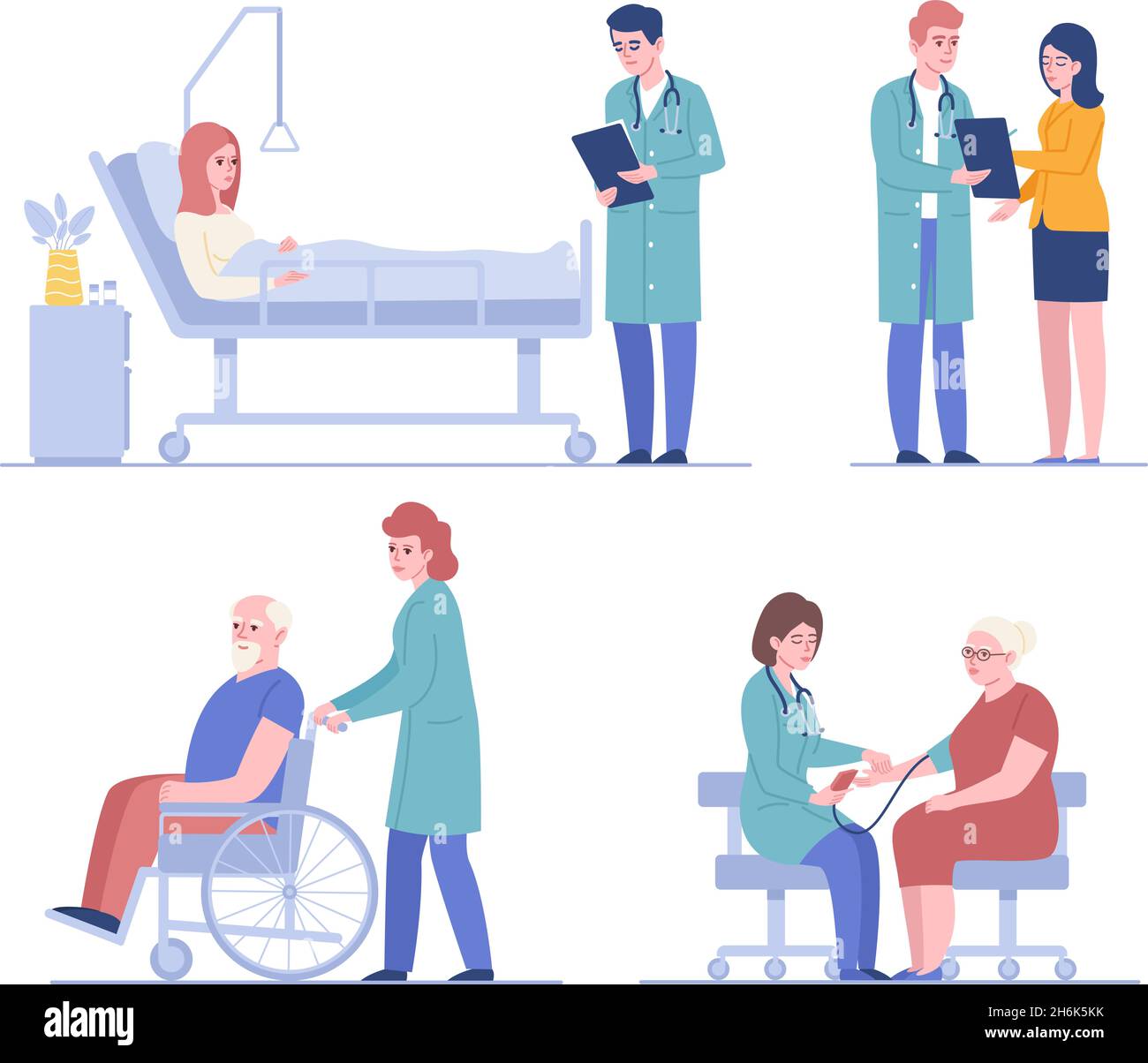 Doctors and patients. Medical staff and clinic visitors, people ...