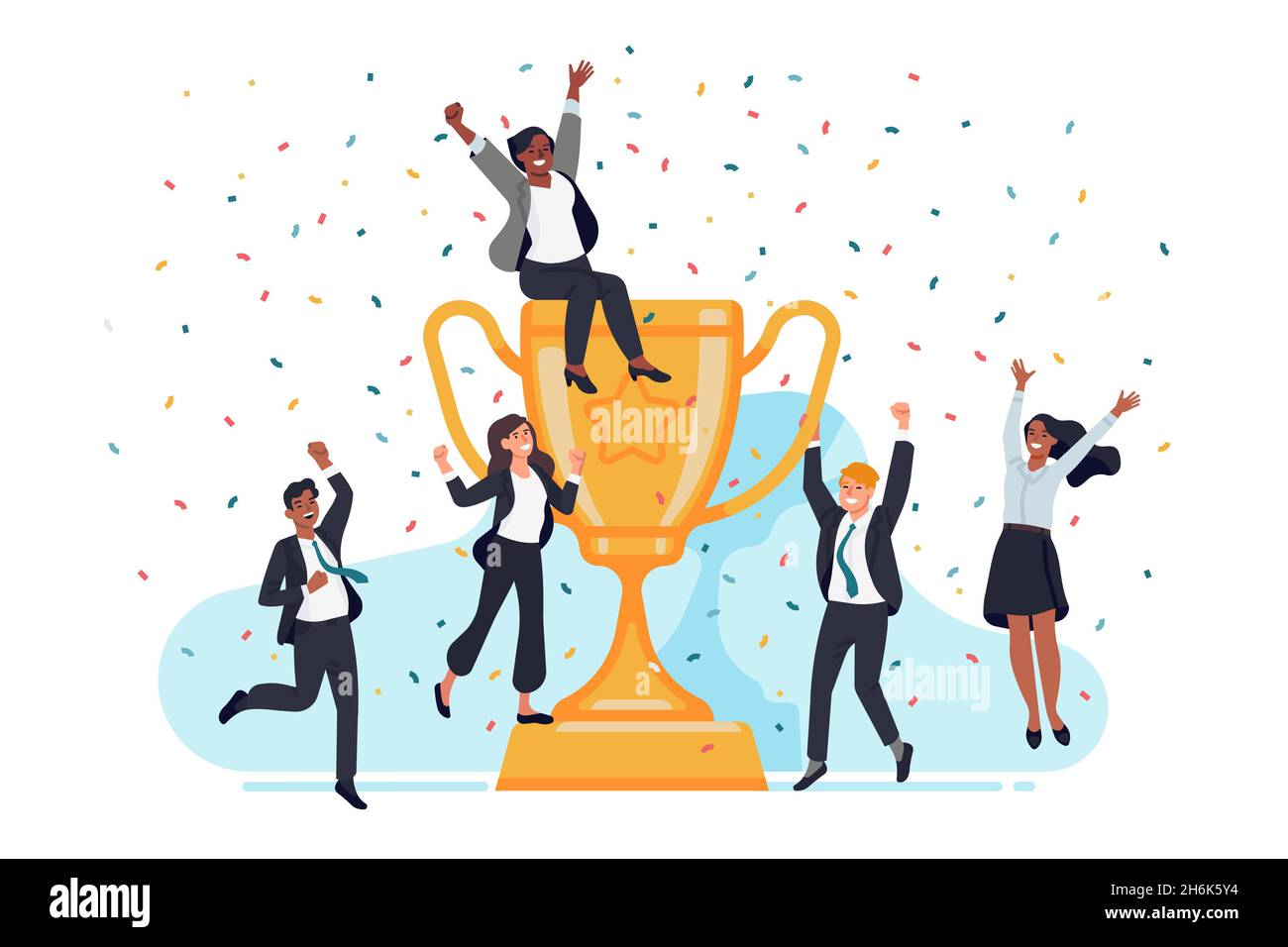 Winners team. Tiny businessmen and women with big gold trophy cup ...