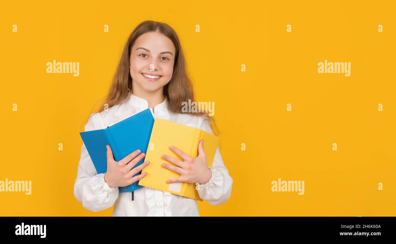 knowledge day. kid hold notebook. student in high school. teen girl do ...
