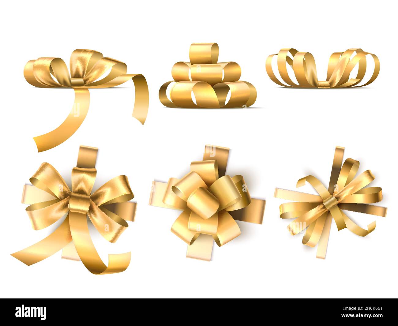 Gift bows ribbons. Realistic satin golden decorative tapes, different ...