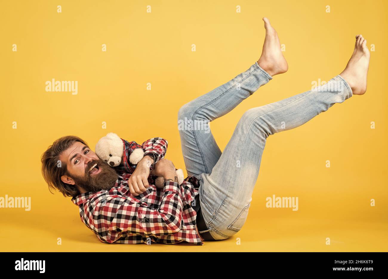 happy handsome bearded guy with unshaven face and stylish hairdo wear ...