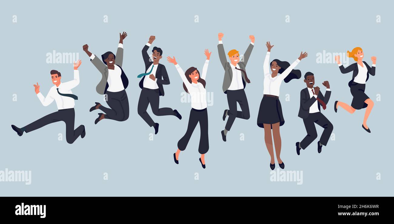Jumping business people. Cheerful company employees, office managers ...