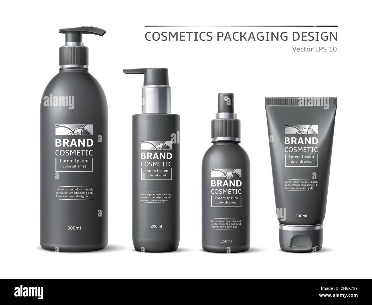 Realistic brand cosmetic bottles. Minimalist labeled black containers ...