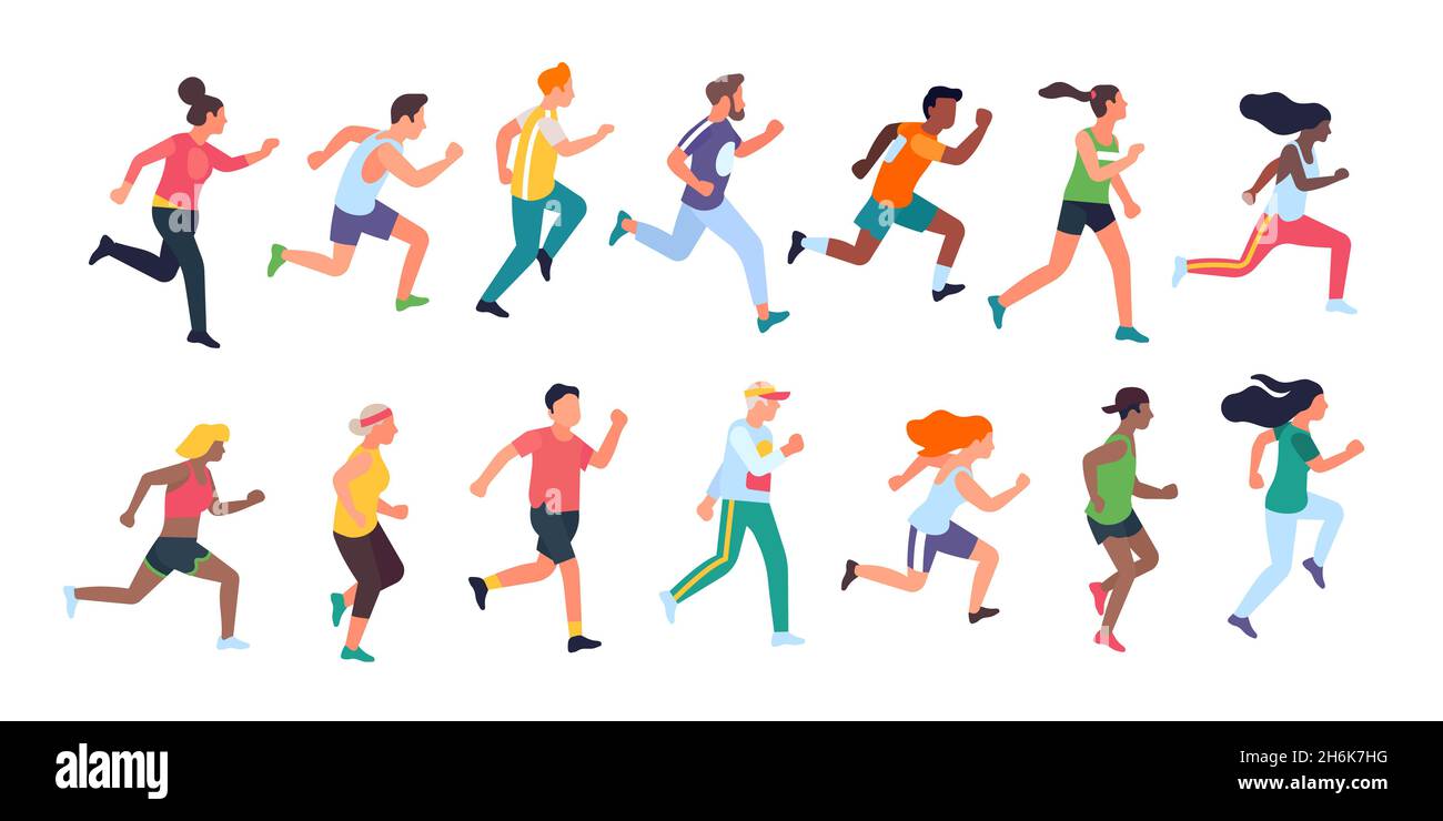 Running people. Sport activity, men and women run, athletes in uniforms ...