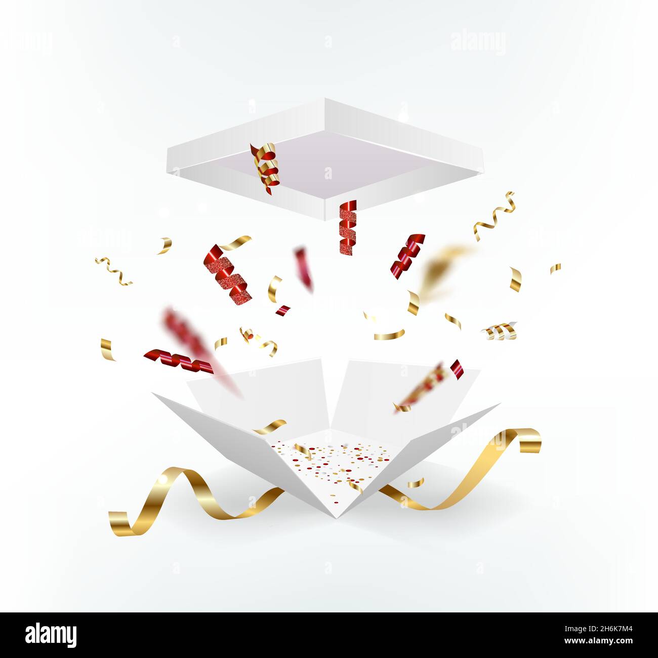 Open gift box with gold confetti isolated on white background. Vector ...