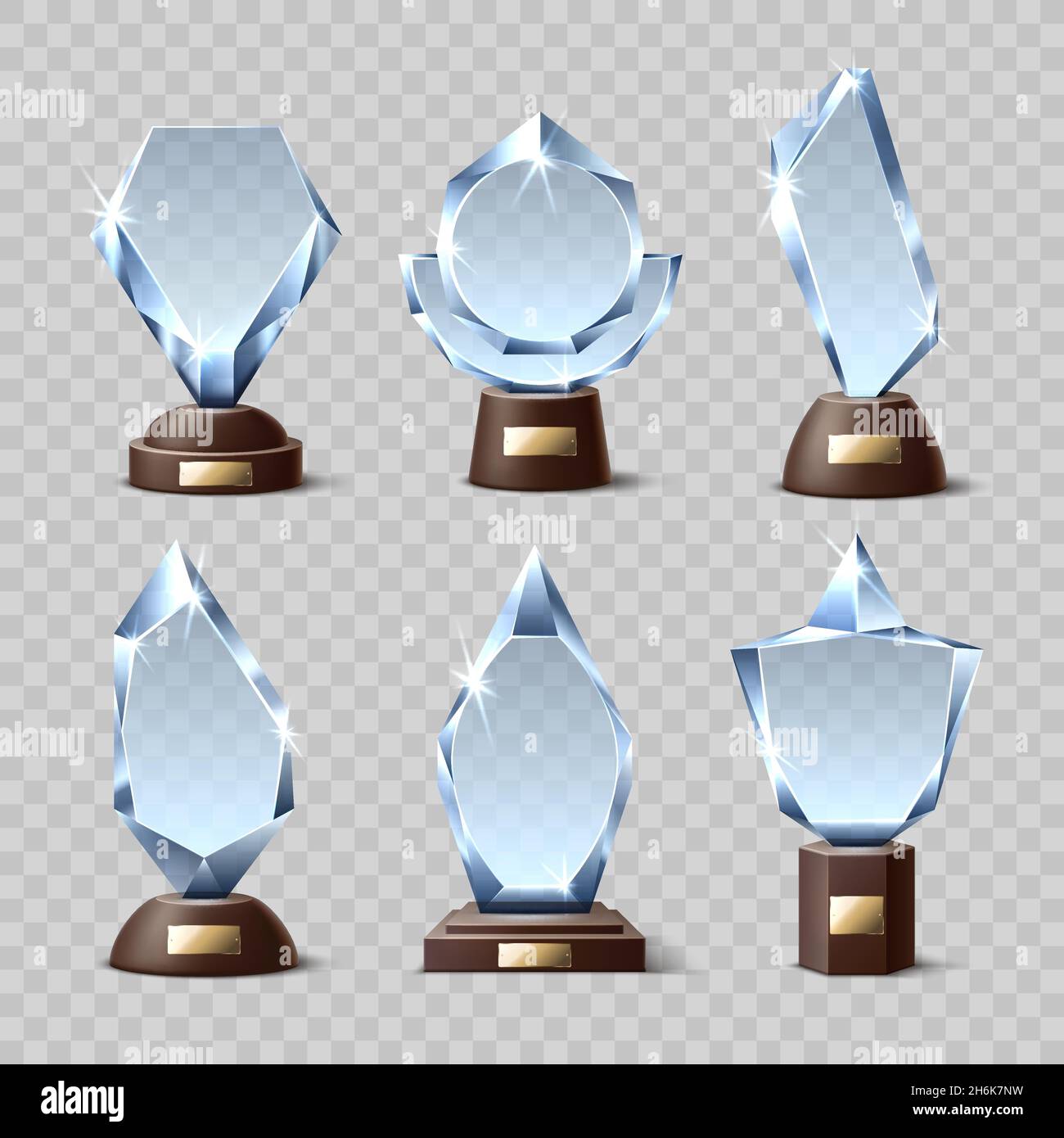 Crystal winners awards. Realistic glass trophies, different shapes ...