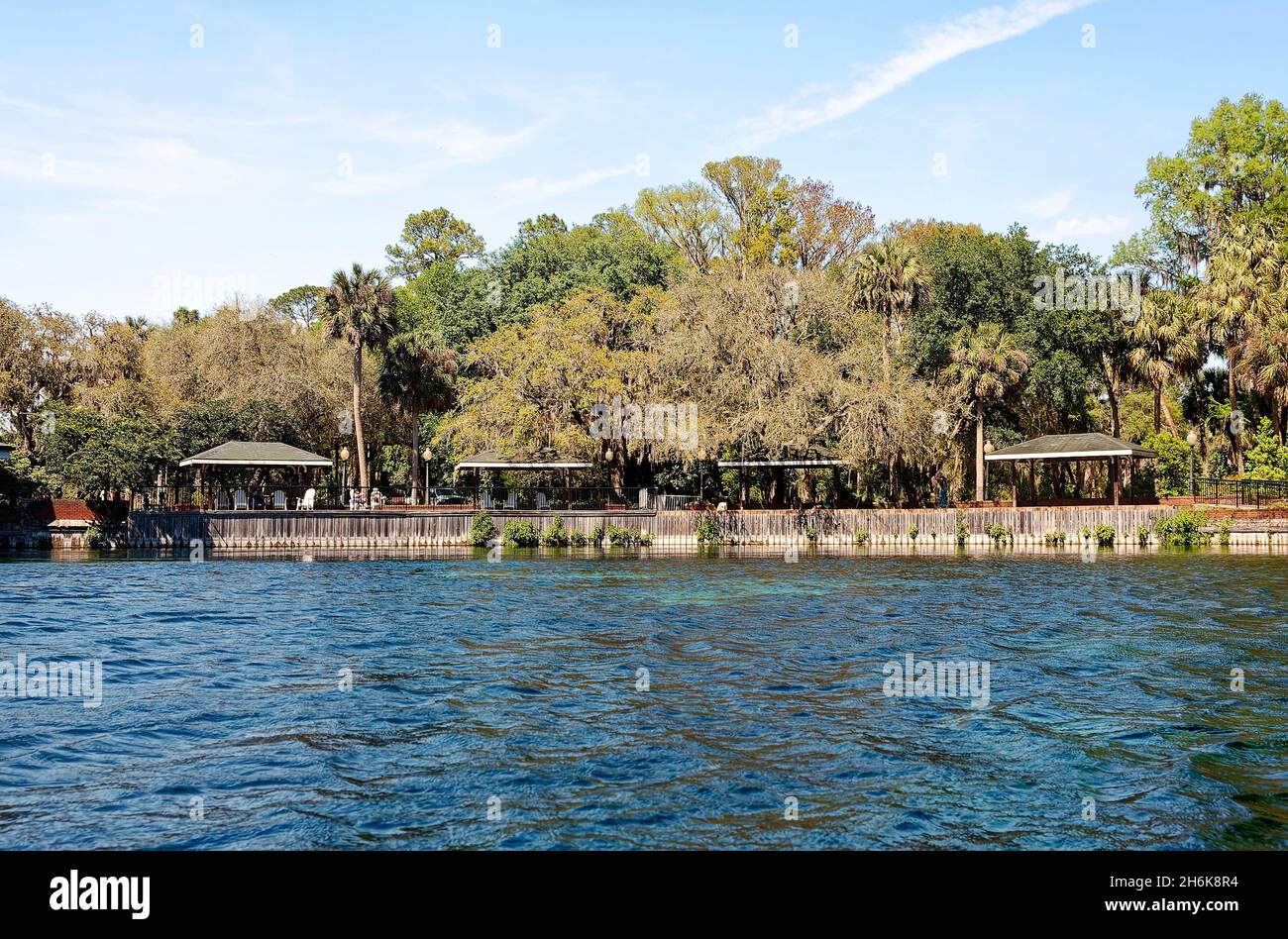 Silver Springs State Park, sitting area overlooking water, chairs ...