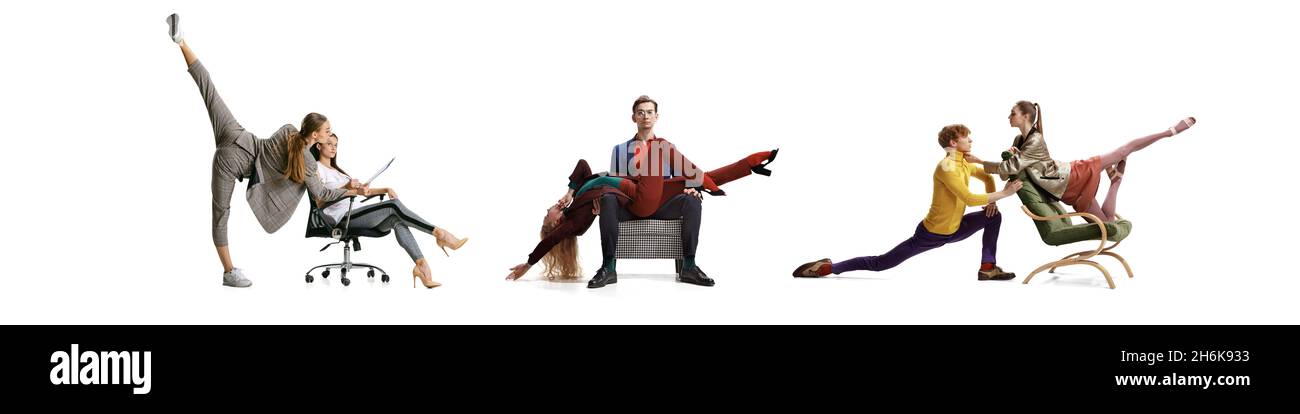 Collage of six people, men and women, performing ballet movements ...