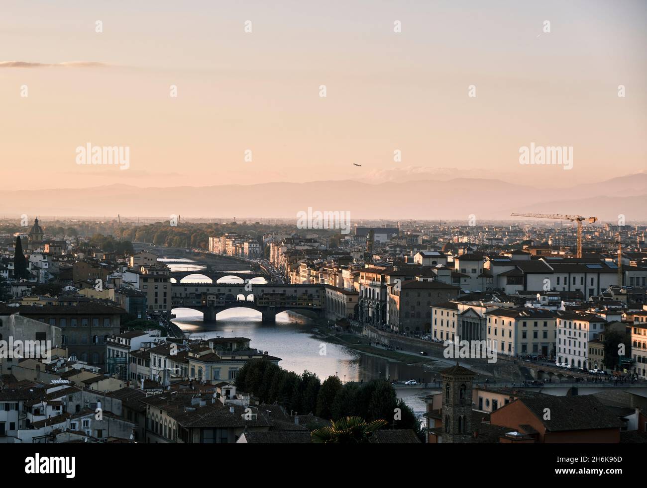 a view of the sunset in Firenze (Florence) from the high with the Arno ...