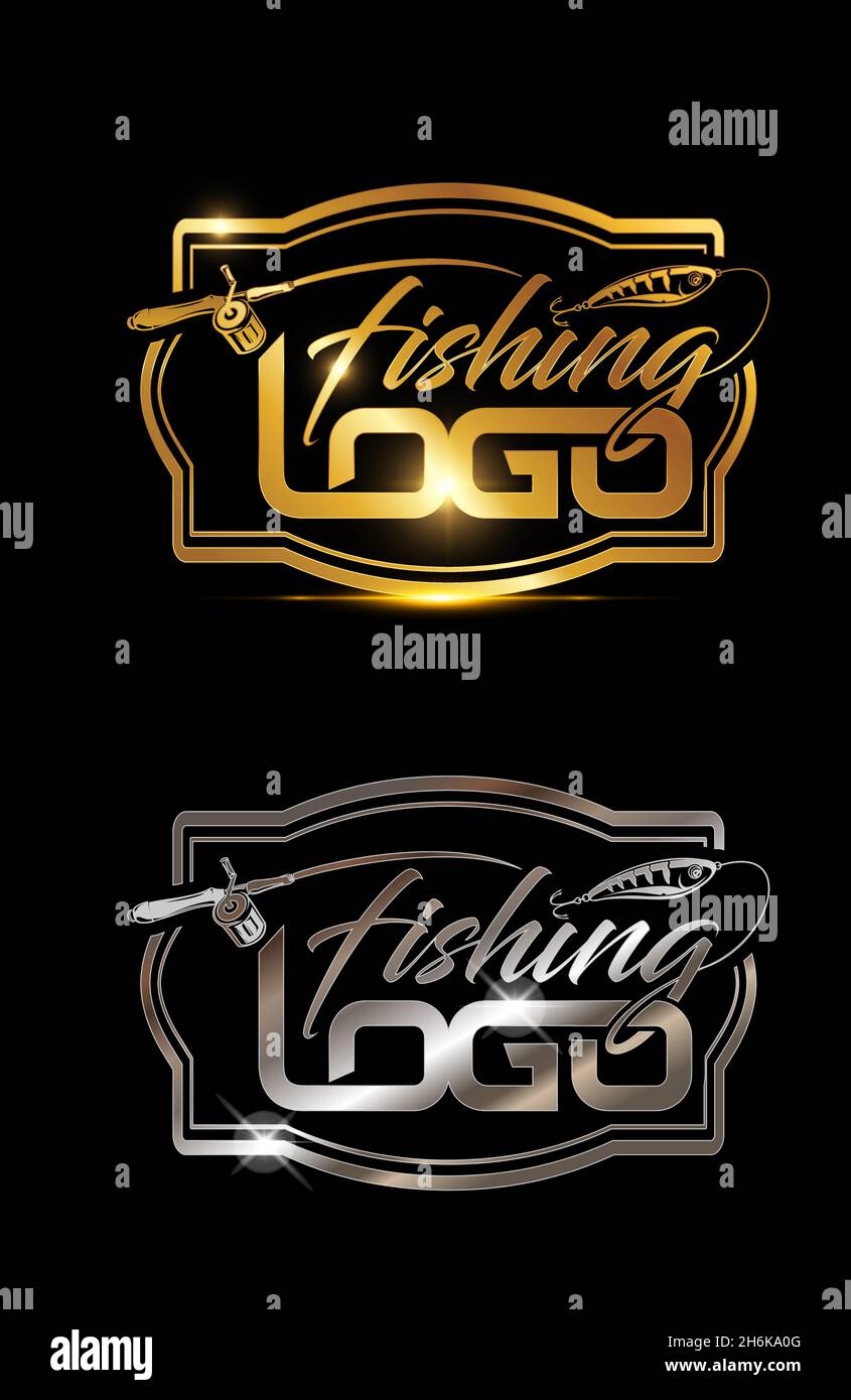 A vector illustration set of Gold and Silver Fishing Emblem Logo Sign ...