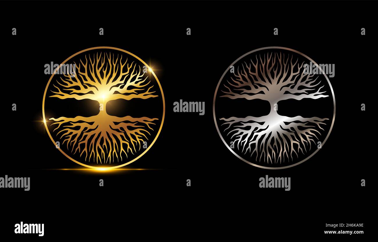 A vector illustration set of Gold and Silver Tree Circle Vector Sign ...