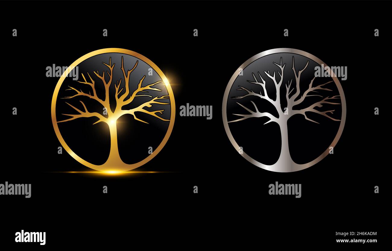 A vector illustration set of Gold and Silver Tree Circle Vector Sign ...