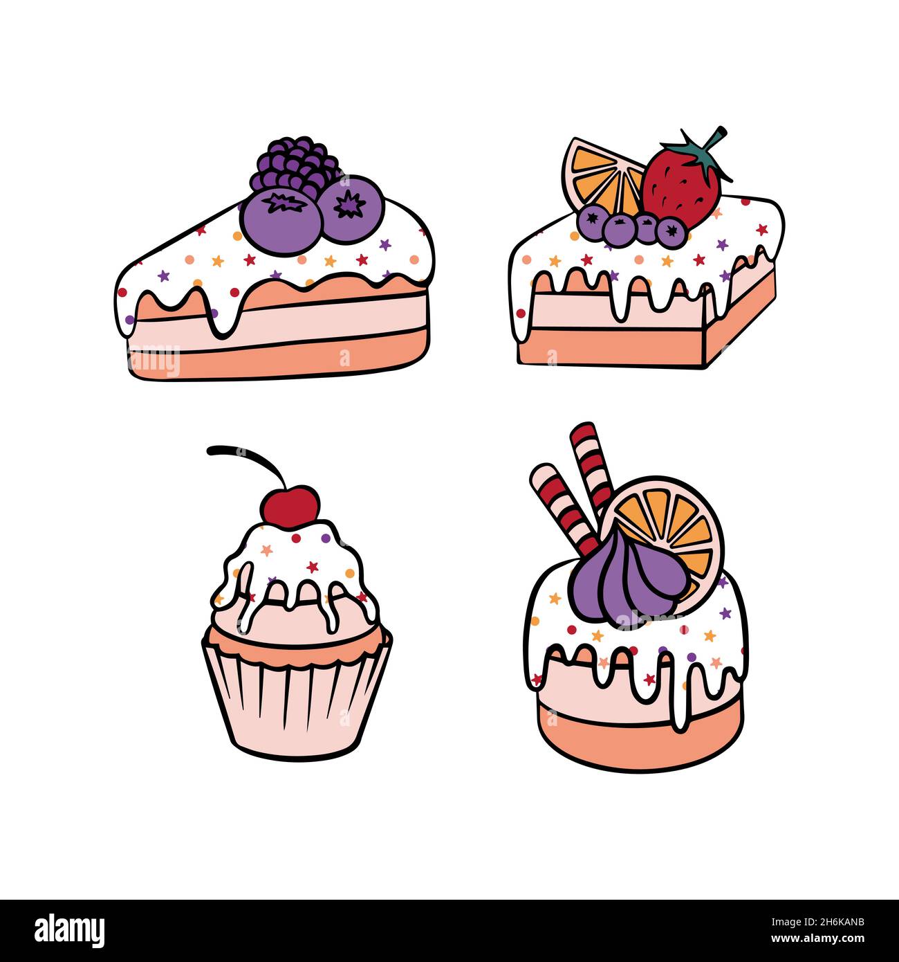 Hand drawn cakes set. Sweet dessert with sprinkles and berries isolated ...