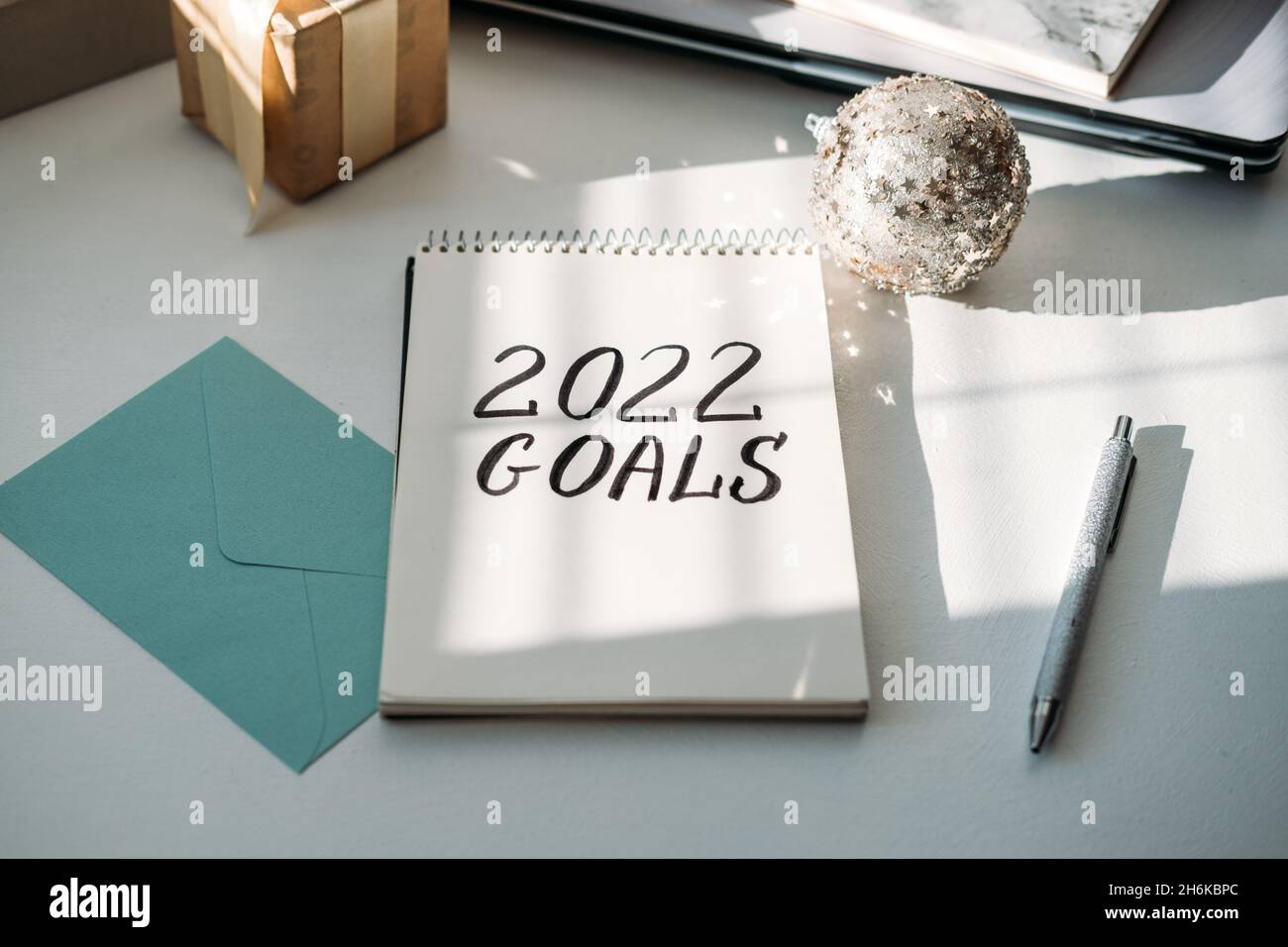 2022 goals, New year resolution. Text 2022 goals in open notepad on the ...