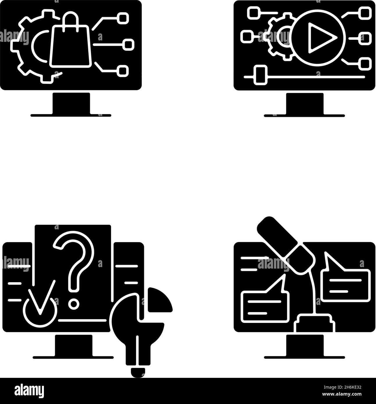 Engaging with digital technology black glyph icons set on white space ...