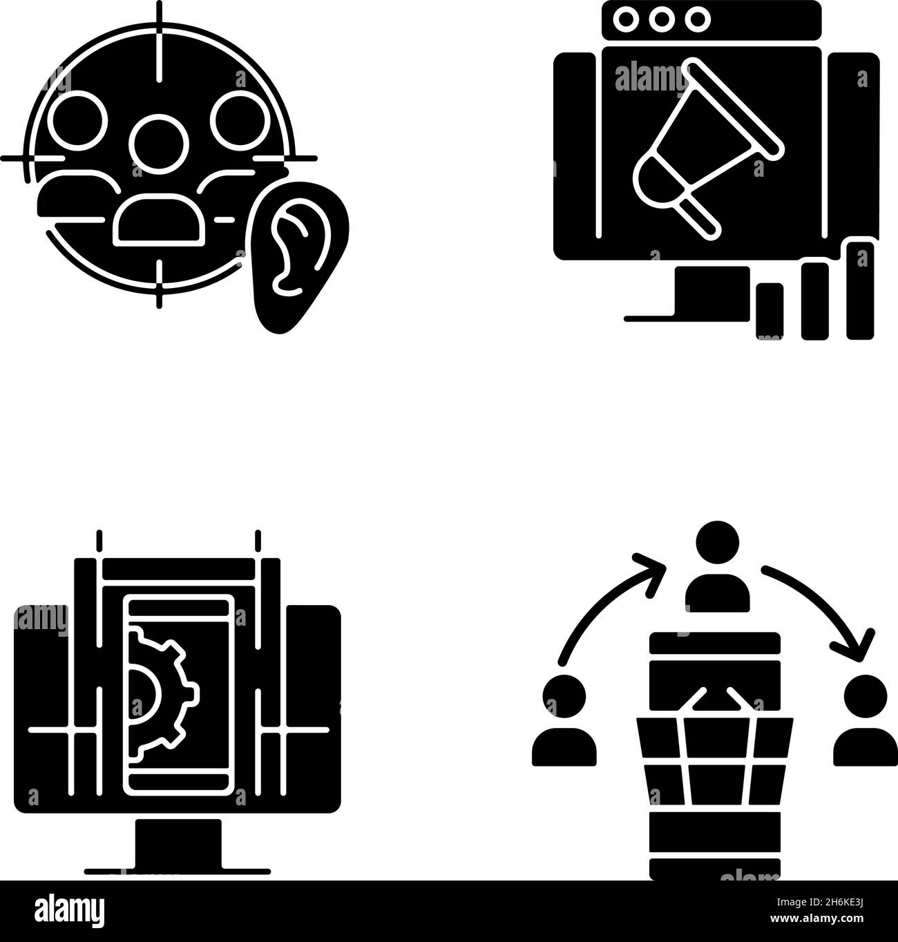 Gaining digital proficiency black glyph icons set on white space Stock ...