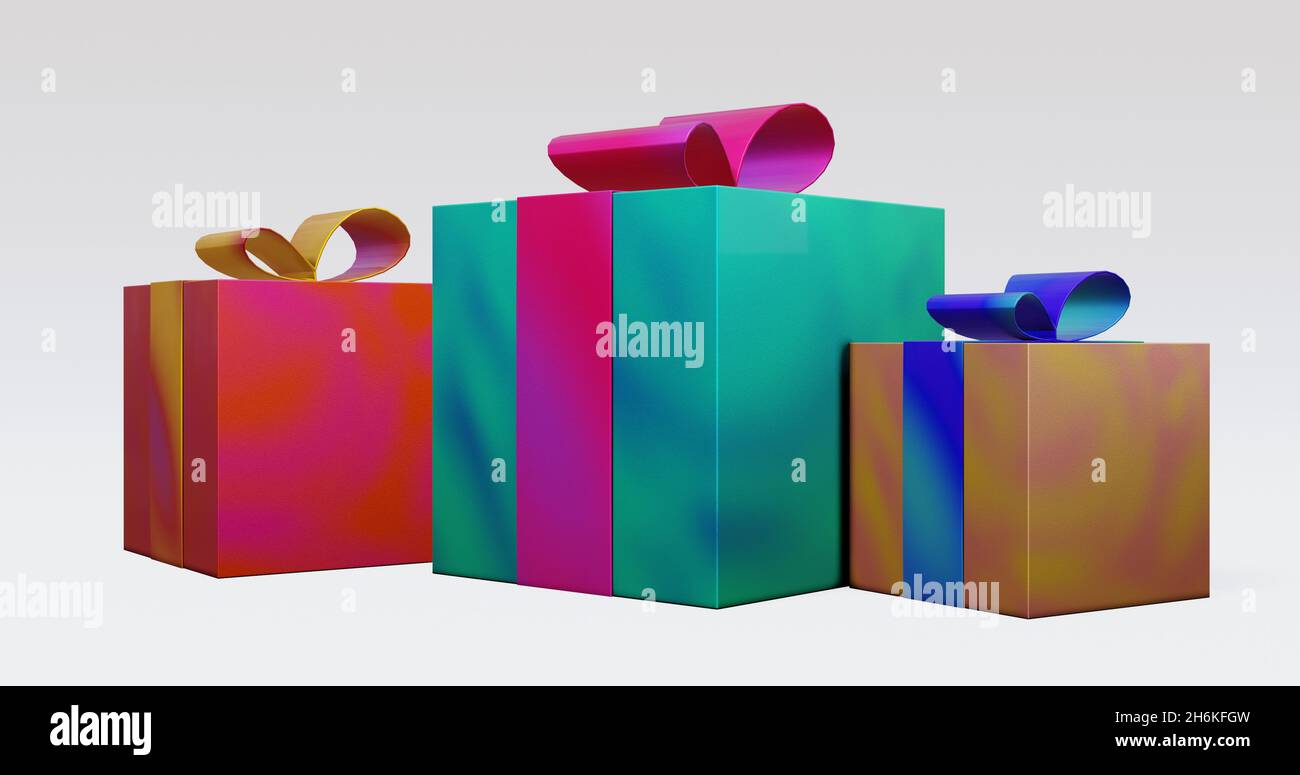 Three gifts in multi-colored packaging 3d rendering Stock Photo - Alamy
